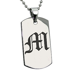 Tioneer Stainless Steel Letter M Initial Old English Monogram Dog Tag Pendant Necklace