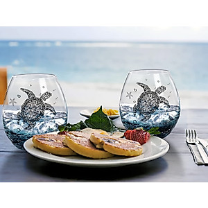 Physkoa Sea turtle wine glass- 13.5OZ Crackle Teal Design, sea turtle gifts for women,Turtle Gifts，Birthday gifts for women（Single）