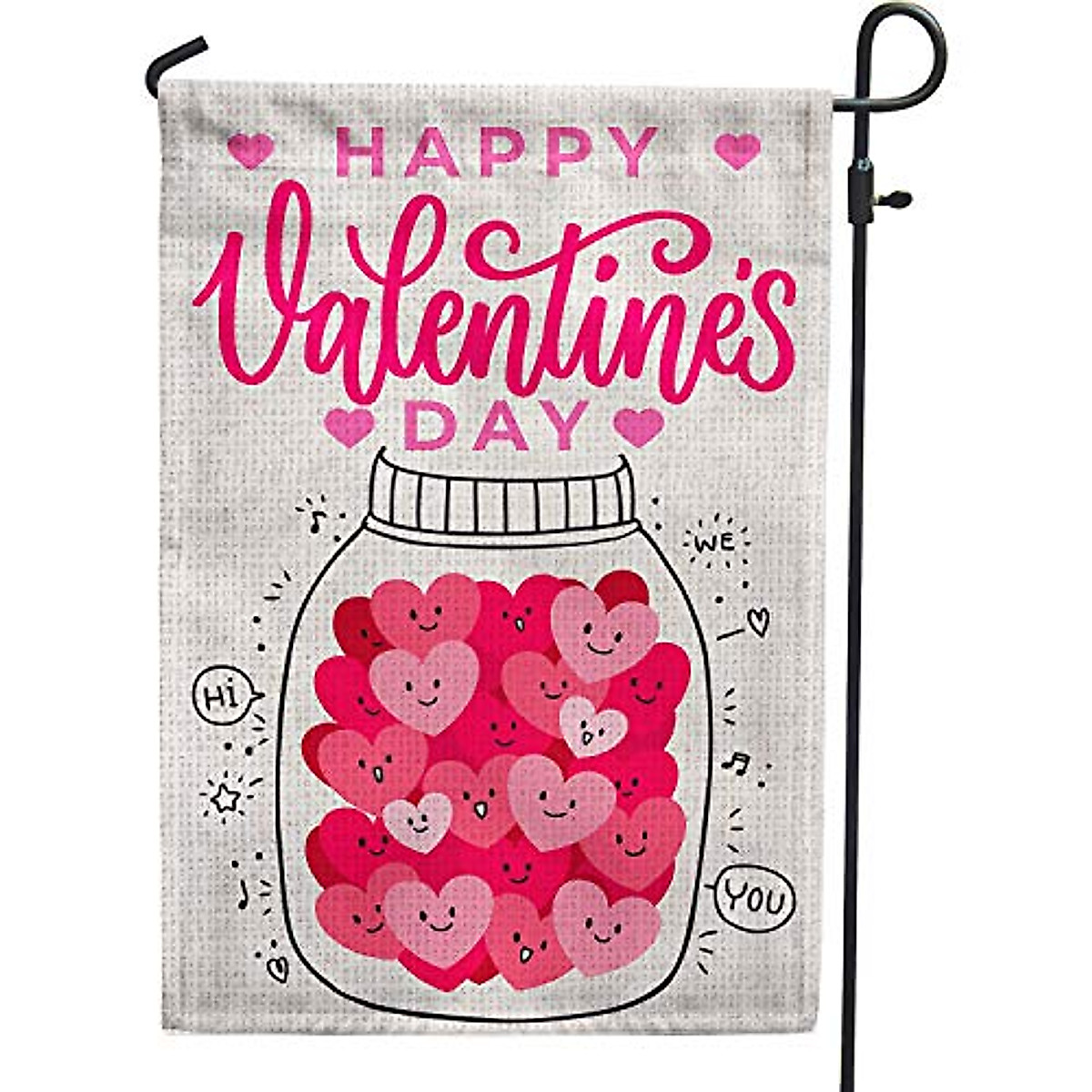 PAMBO Happy Valentines Day Garden Flag 12x18 Double Sided Burlap Hearts & Bottle Flags for Valentine Day Garden Yard Outdoor Decoration