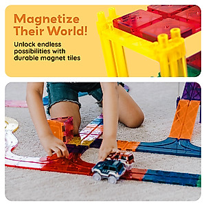 PicassoTiles 50 Piece Race Car Track Building Block Educational Toy Set Magnetic Tiles Magnet DIY Playset 2 Light Up STEM Learning Construction Kit Hand-Eye Coordination Fine Motor Skill Training