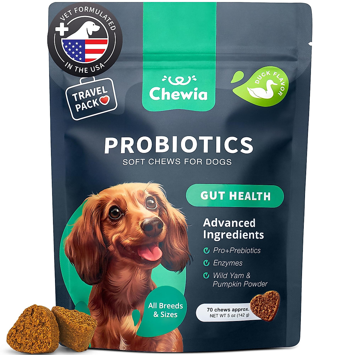 Travel Pack of Dog Probiotics - Pro+Prebiotics for Dogs - Enzymes, Wild Yam, Pumpkin Powder - Gut and Immunity Health - Convenient Packaging
