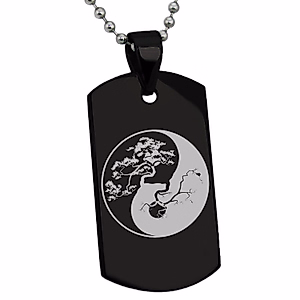 Tioneer Black Stainless Steel Bonsai Tree Yin Yang Symbol Dog Tag Pendant Necklace
