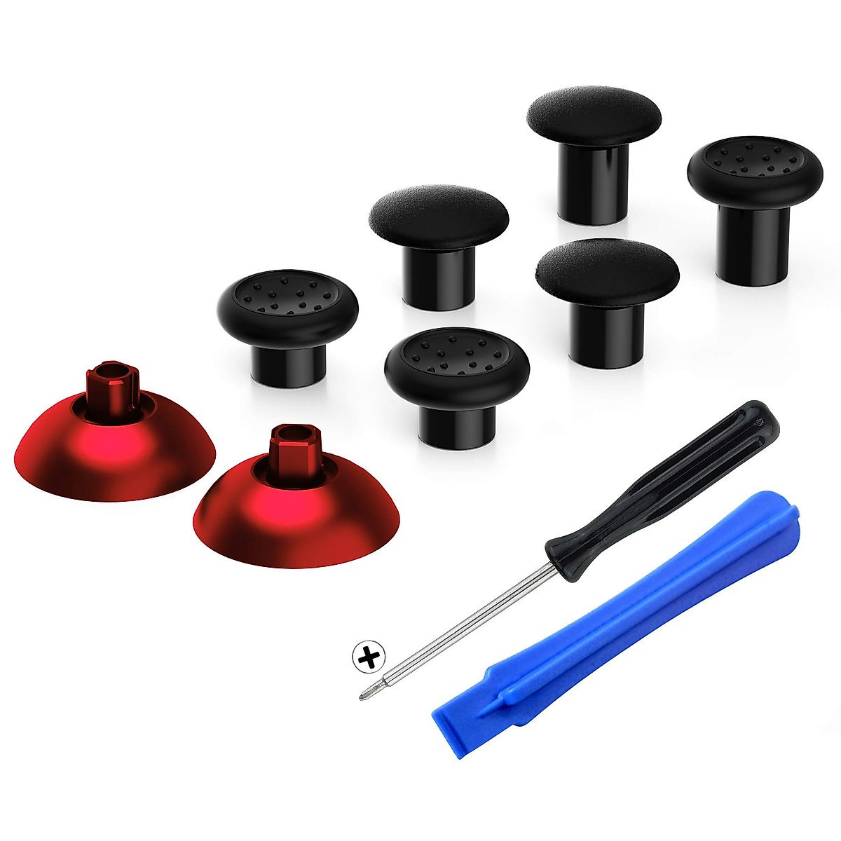 eXtremeRate ThumbsGear Interchangeable Ergonomic Thumbstick for PS5 Controller, for PS4 All Model Controller - 3 Height Domed and Concave Grips Adjustable Joystick - Chrome Red & Black