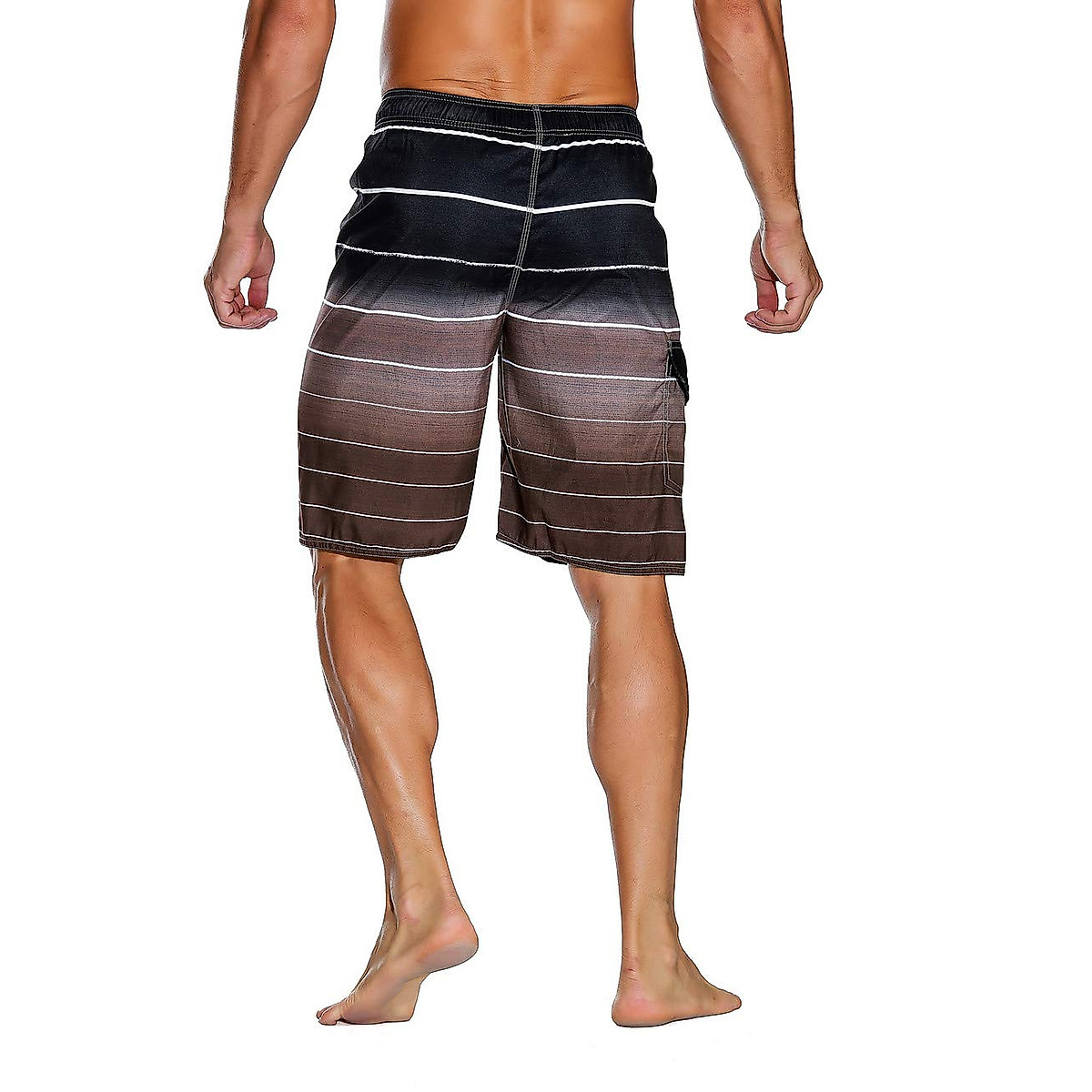 unitop Men's Colortful Striped Swim Trunks House Beach Board Shorts with Lining Coffee-30