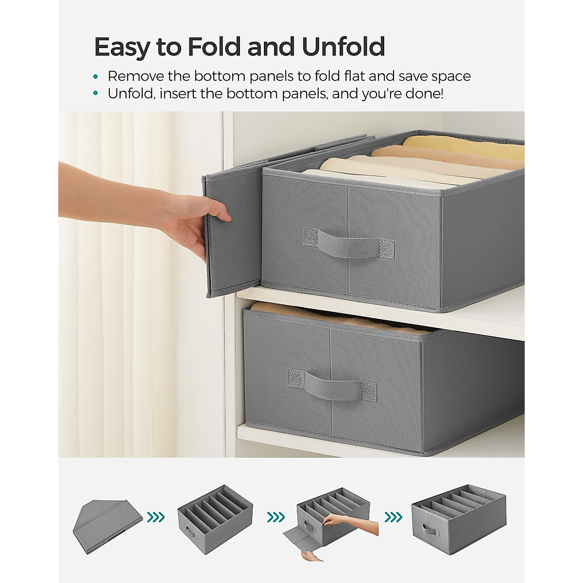 SONGMICS Set of 2 Large Size Wardrobe Clothes Organizers, 6-Compartment Foldable Drawer Organizers with Handles, 16.5 x 11.8 x 6.7 Inches, for Pants, Sweaters, Jeans, Dove Gray URUS009G02