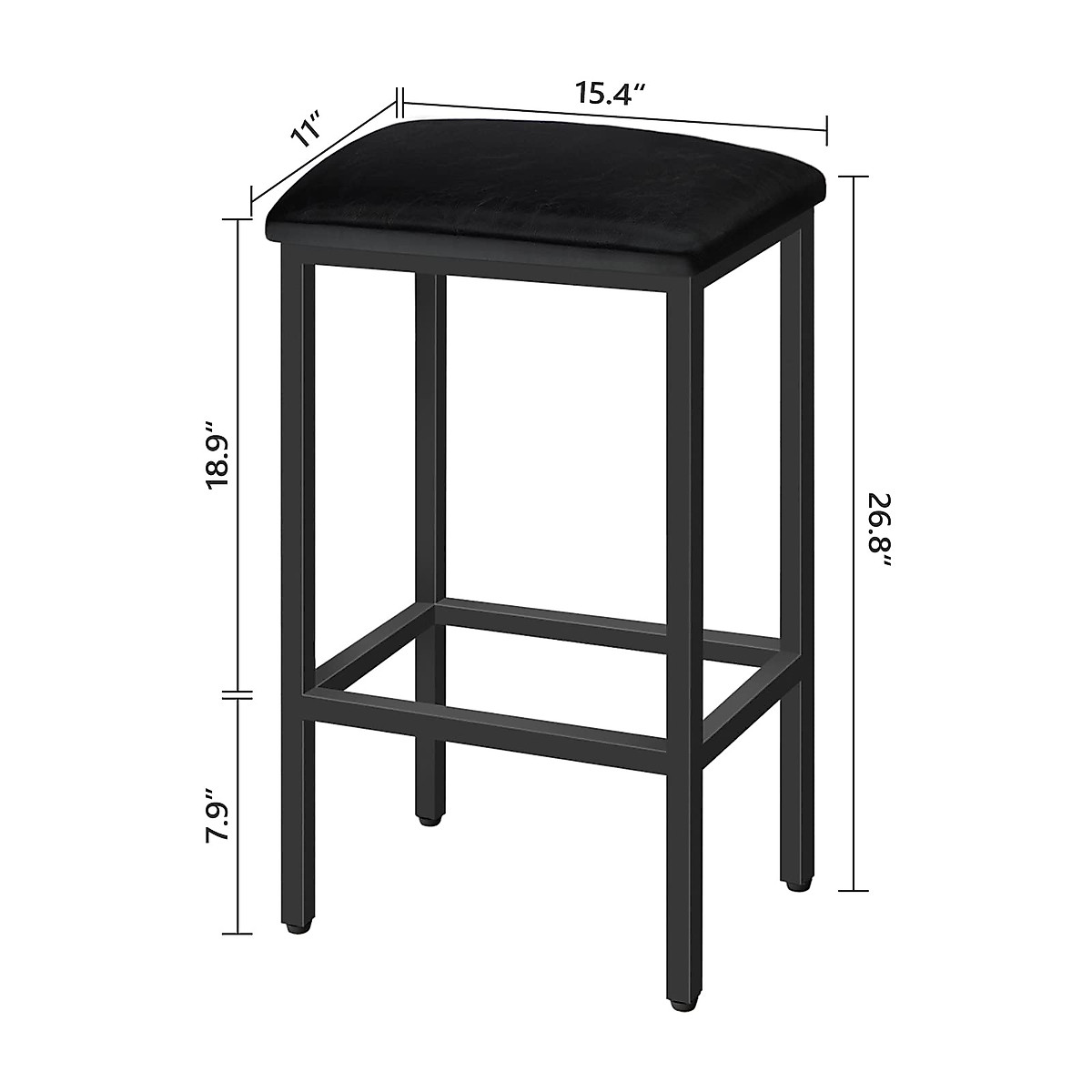 MAHANCRIS Bar Stools, Set of 2 PU Upholstered Breakfast Stools, 2-Piece Bar Chairs, 26.8-Inch Height, Rectangular Industrial Bar Stools, for Dining Room, Kitchen, Counter Bar, Black BAHB01R01