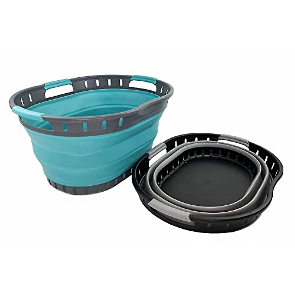 SAMMART 25L (6.6 gallon) Set of 2 Collapsible Plastic Laundry Basket - Foldable Pop Up Storage Container/Organizer - Portable Washing Tub - Space Saving Hamper/Basket (Alloy Grey + Crystal Blue)