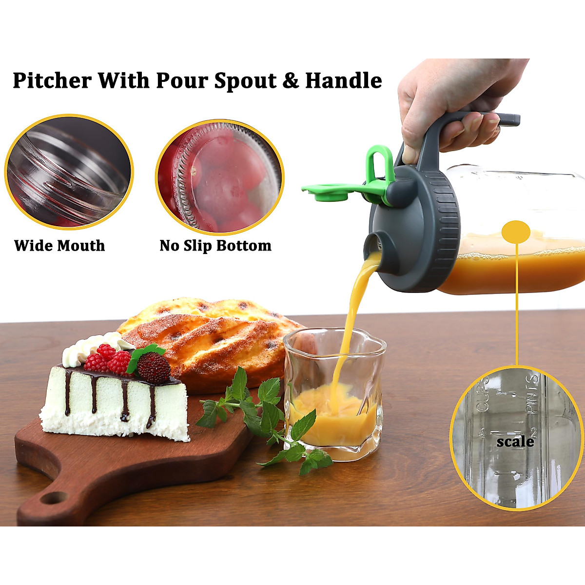 Glass Mason Jar Pitcher 64 Oz (2 Quart) Wide Mouth Jar Pitcher With Pour Spout Water Carafe Half Gallon Jug For Cold Brew Coffee Sun Tea Breast Milk Fridge Drinking Lemonade Airtight & Leakproof