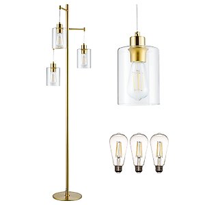 VONLUCE Gold Floor Lamp for Living Room, Modern Brass Floor Lamp 64'' Tall Standing Light w/ E26 Bulbs & Foot Switch, Industrial Standing Lamp for Bedroom Home Office Décor Reading