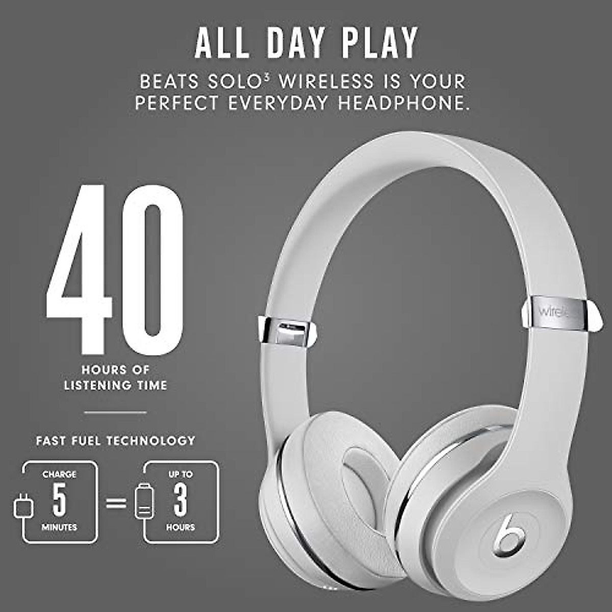 Beats Solo3 Wireless On-Ear Headphones - Apple W1 Headphone Chip, Class 1 Bluetooth, 40 Hours of Listening Time, Built-in Microphone - Satin Silver (Latest Model)