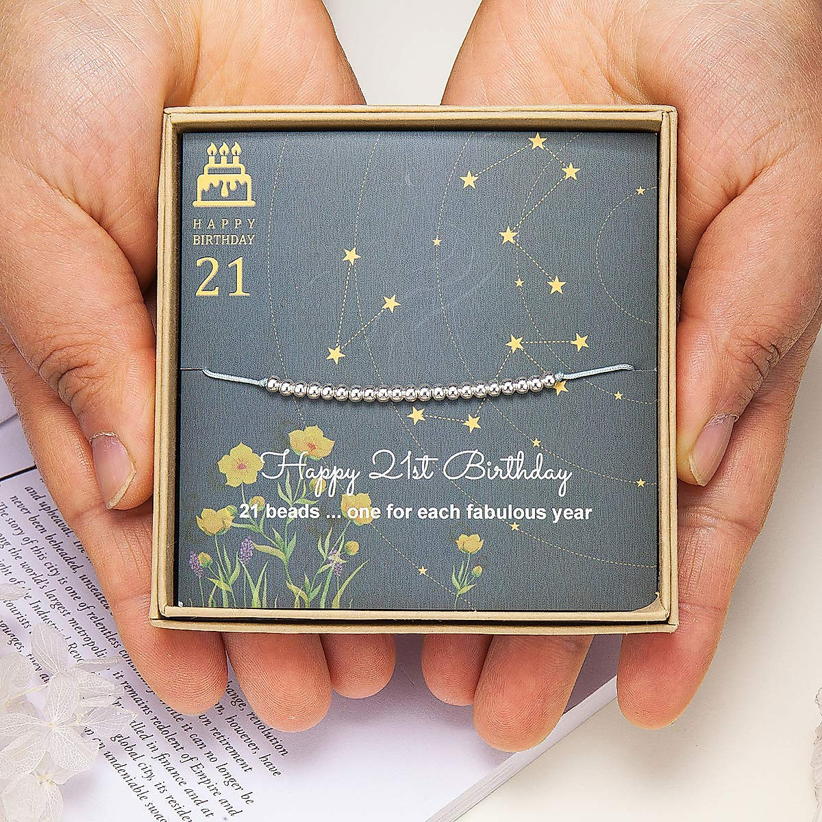 AnotherKiss Happy 21st Gifts for Her - Sterling Silver Bead Bracelet for 21st Birthday Gift, Adjustable Jewelry 7" - 10" Cord