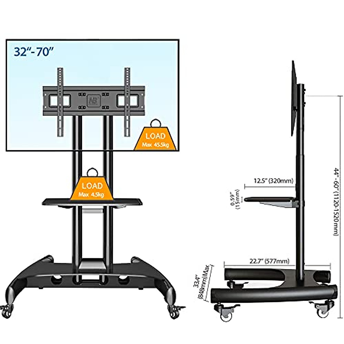NB North Bayou Mobile TV Cart Rooling TV Stand with Wheels for 32 to 70 Inch LCD LED OLED Plasma Flat Panel Screens up to 100lbs AVA1500-60-1P (Black)