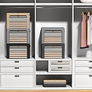 3Pack Stackable Clothes Storage Bins - Oxford Frame Storage Box Foldable Clothing Storage Container Organizer Set with Clear Window & Carry Handles Large Capacity (Dark Gray, Small-22L)