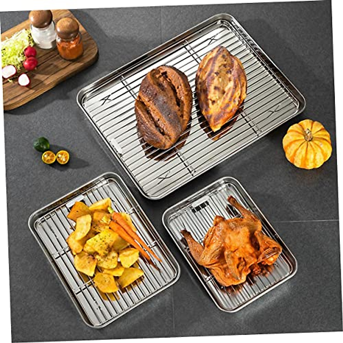 Cookie Tray 2pcs Stainless Steel Drainer Bread Loaf Pan Bandejas Para Comida Oven Tray Oven Grill Rack Deep Roasting Pan Vegetable Drain Storage Multipurpose Tray Turkey