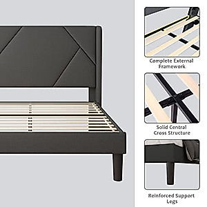 iPormis Queen Size Modern Wingback Bed Frame, Geometric Upholstered Platform Bed with 24" Headboard, 8" Storage Space, Wood Slats Support, No Box Spring Needed, Dark Grey