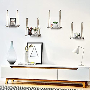 CASAVIDA Wood Floating Shelf Set of 4 Wall Hanging Shelf Decorative Plant Shelves Distressed Rope Floating Shelves Rustic Home Wall Decor for Living Room Bedroom Kitchen