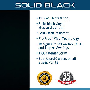 ShadePro - RV Awning Fabric Replacement - Premium Grade Weatherproof Vinyl - Universal Outdoor Canopy for Camper, Trailer, and Motorhome Awnings - Solid Black - 15' (Fabric 14'2")
