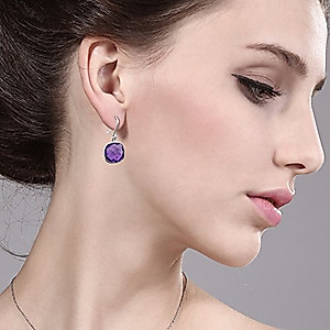 Gem Stone King 925 Sterling Silver Purple Amethyst Dangle Earrings For Women (12.00 Cttw, Gemstone Birthstone, Cushion Checkerboard Cut 12MM)