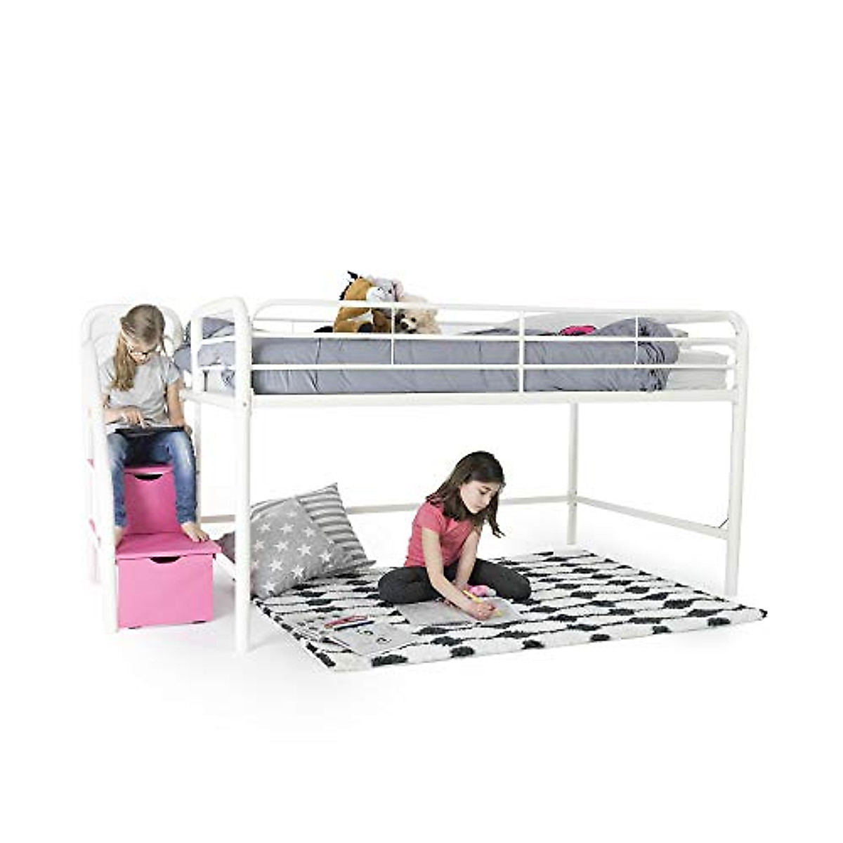DHP Junior Twin Metal Loft Bed with Storage Steps, Multifunctional Space-Saving Solution - Silver with Gray Steps