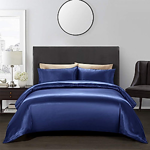 Opulence Bedding Silk Satin Duvet Cover Set Navy Blue California King 3 Piece (Duvet Cover + 2 Pillowcases) Comforter Cover California King Size Zipper Closure