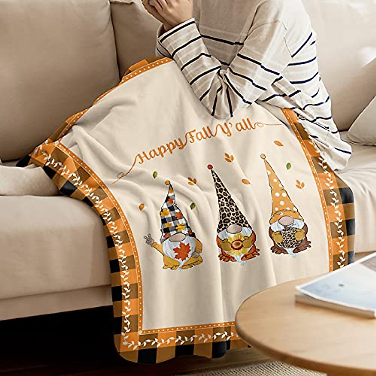Flannel Fleece Throw Microfiber Blanket Super Soft Cozy Blanket Thanksgiving Happy Fall Y'all Gnome with Pumpkins Lightweight Fuzzy Bedding Fleece Blanket for Couch Sofa Bed-39" x 49"