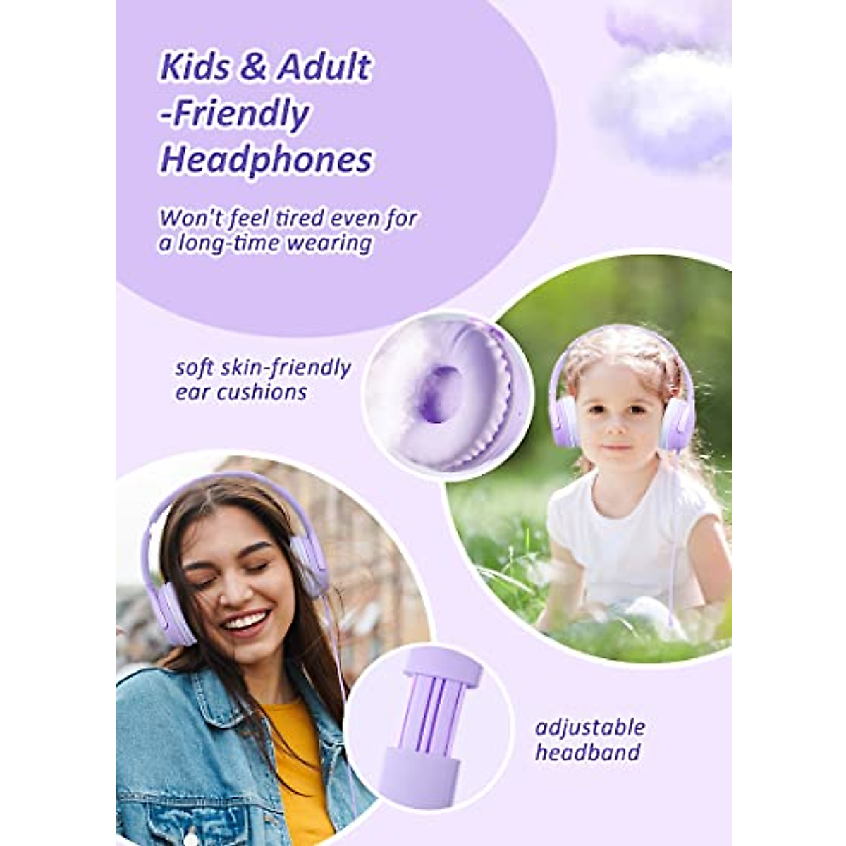 DyBaxa Kids Headphones Wired, Foldable On Ear Headset, Volume Limiter 94dB, Over-Ear Headphones for Kids School Online Classes Travel Children, 3.5mm Jack Compatible Smartphones Tablet, Purple