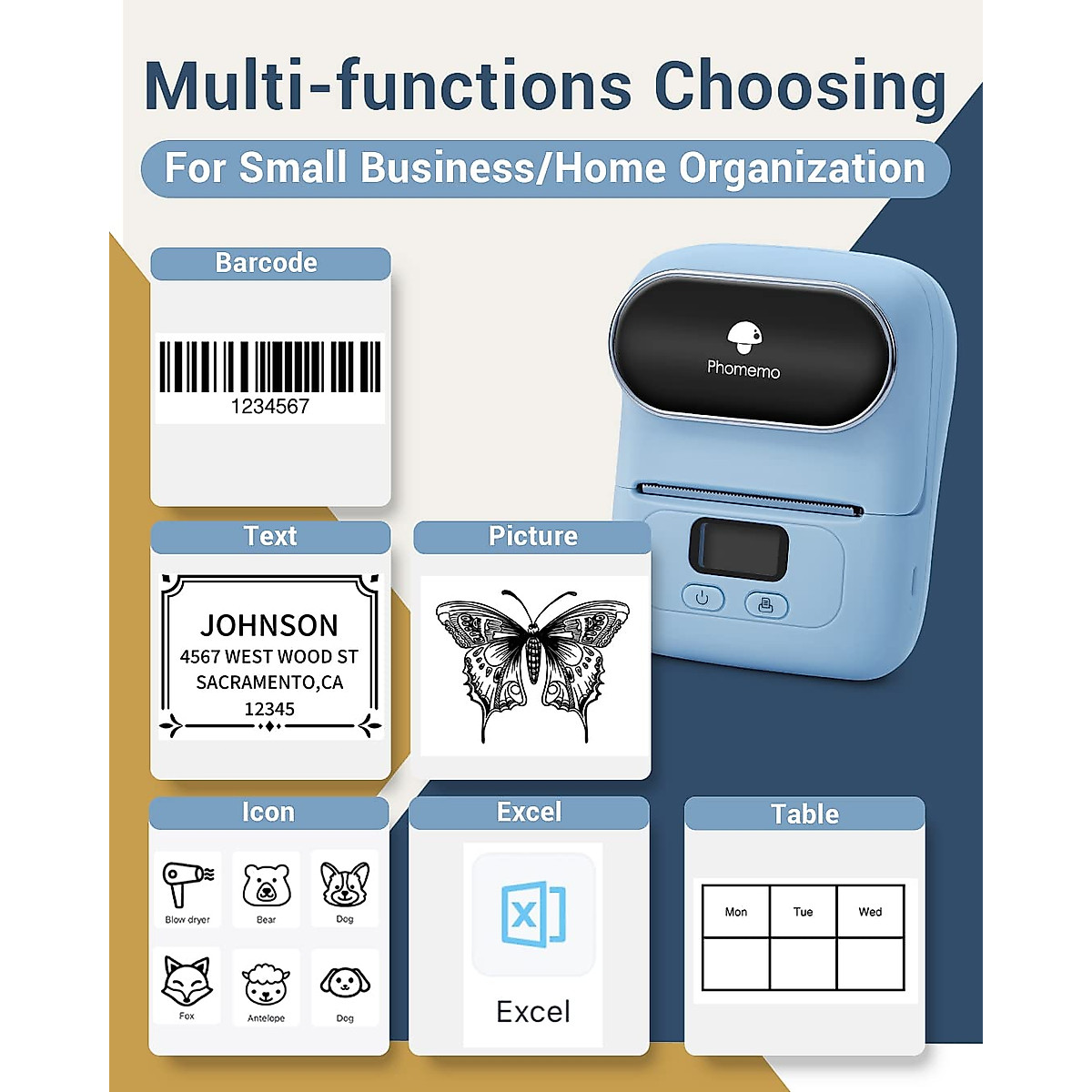 Phomemo Barcode Label Printer- M110 Label Maker Portable Bluetooth Label Maker Machine for Small Business, Barcode, Address, Logo, Clothing, Jerwery, Compatible with iOS & Android, Blue