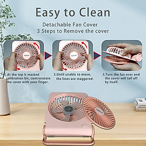 Digibond Pink Mini Desk Fans Small Quiet, 3000mAH Rechargeable High Power USB Fan for Desk Top/Office/Bedroom 4 Speed 5in 225° Rotated Foldable Easy Clean