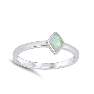 White Simulated Opal Diamond-Shape Simple Ring .925 Sterling Silver Band Size 4