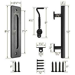 MIWOOYY 12 inch Barn Door Handle Matte Black - Handmade Rustic Sliding Barn Door Pull Flush Handles with Hook Lock Latch Set, Barn Door Gate Garage Hardware Kit