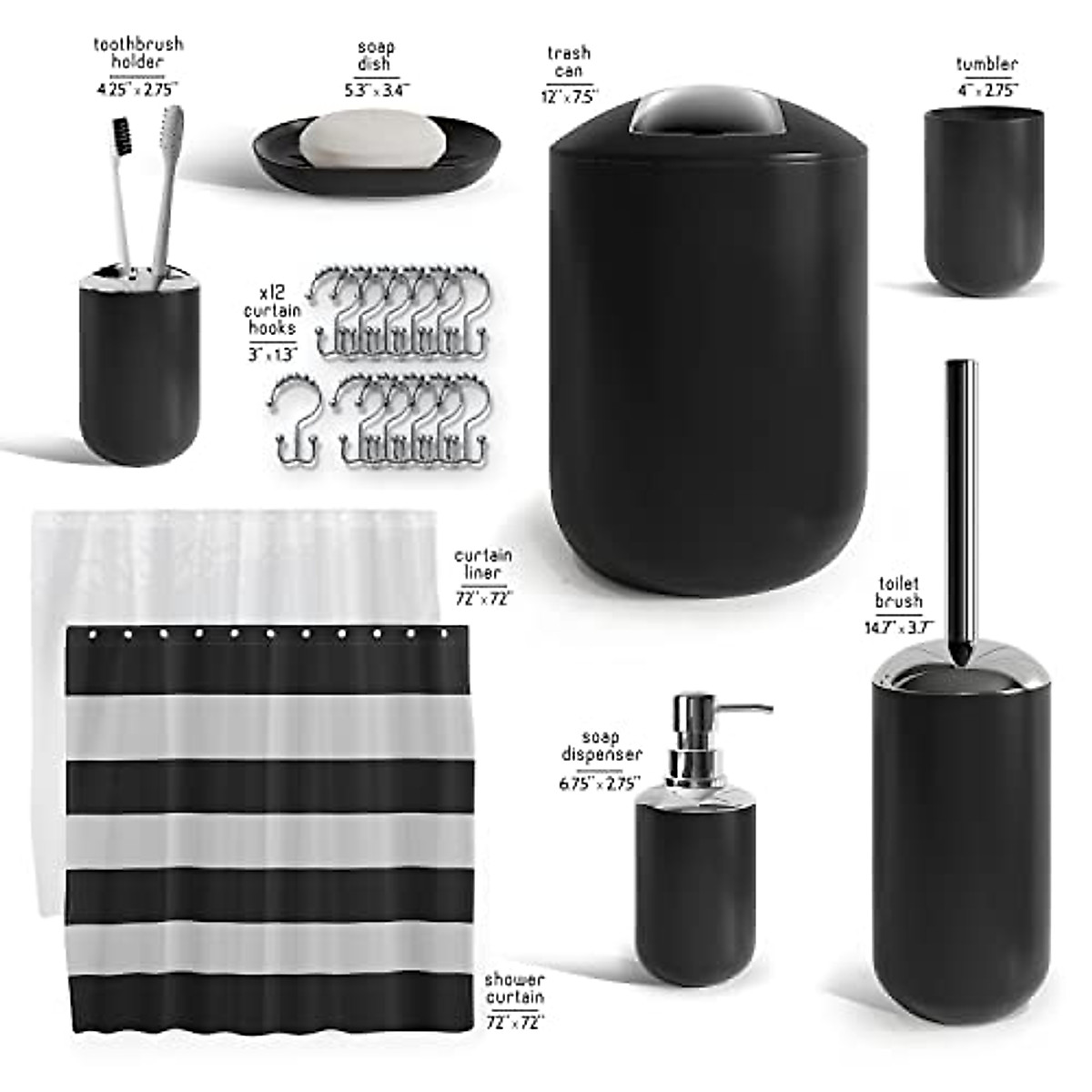 Clara Clark Bathroom Set – Bathroom Shower Curtain Sets with Liner, 20PC Bathroom Accessory Set, Bathroom Sets, Black Bathroom Accessories Set Complete with Shower Curtain Set with Liner and Hooks