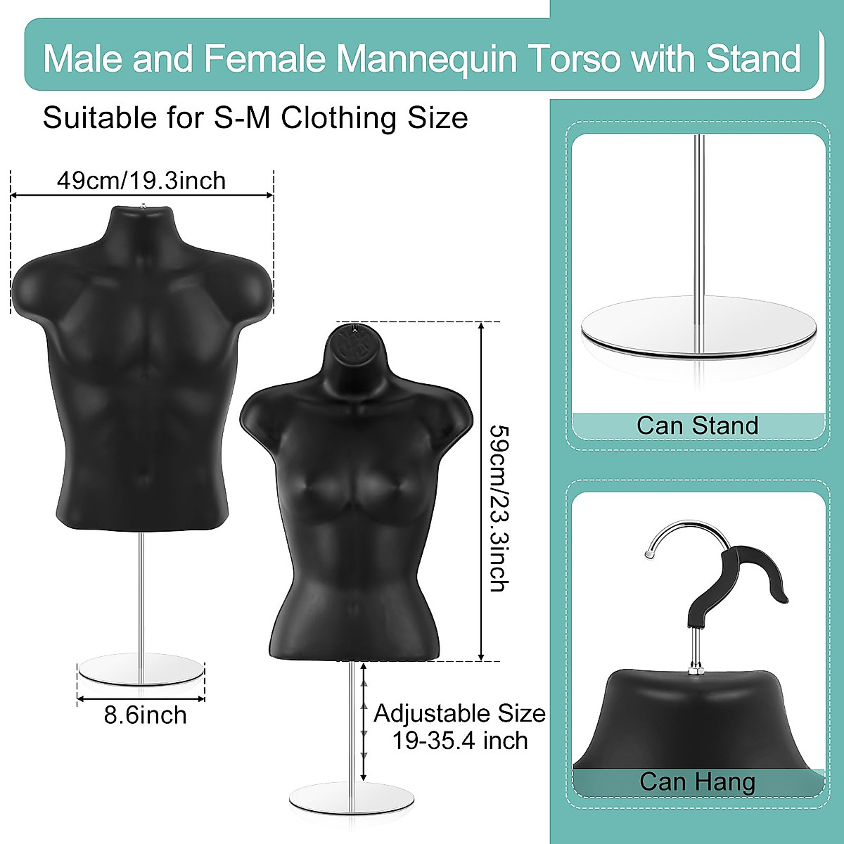Kigley 2 Pcs Male and Female Mannequin Torso with Stand Black Dress Form Mannequin Hollow Back Body Torso Set Half Body T Shirt Display for Craft Show Counter Top Photo Design, S-Medium Clothes Size