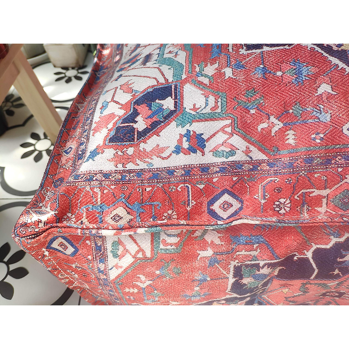 RISEON Boho Contemporary Cotton Linen Fabric Pouf Cover Footstool Ottoman Poufs Unstuffed-Square Floor Cushion Footrest Cover for Living Room, Bedroom and Under Desk (Red)