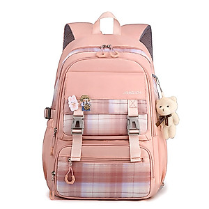 Girls Plaid Aesthetics Backpack Teens Lightweight Casual Bookbag Kawaii Travel Bag with Cute Pins Accessories Schoolbag