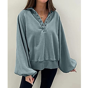 Trendy Queen Womens Sweatshirt Fall Winter Clothes Lantern Sleeve Drop Shoulder Pullover Hoodies Button Fashion Y2K Outfits Lightblue