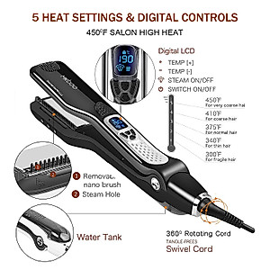 MKBOO Hair Straightener with Steam, Salon Professional Nano Titanium Ceramic Steam Flat Iron with Removable Comb+Digital LCD+5 Level Adjustable Temperature+Auto Temperature Lock Black