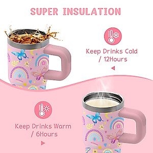 Butterfly Gifts for Girls, Rainbow Tumbler with Handle and Straw for Kids 14 oz, Birthday Gifts for Butterfly Lovers Girls, Insulated Stainless Steel Travel Mug for Toddlers