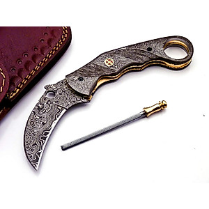 8.5" Handmade Damascus Folding Pocket Knife Karambit Knife Hunting Knife Handle Damascus Steel with Leather Sheath 108, 203