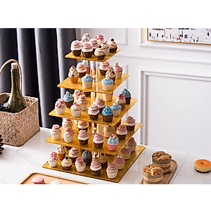 BLBYHO 5 Tier Gold Cupcake Stand, Acrylic Cup Cake Tower Display Dessert Stand, Square Cake and Cupcake Stand Combo Set for Dessert Table Bases para Cupcakes, Good for Party, Wedding, Christmas