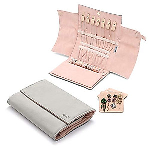 Becko Jewelry Organizer Roll Travel Jewel Bag case for Multiple Necklaces, Rings, Bracelets, Supple Leather & Suede, Large Capacity Without Crease, Lightweight, Portable & Practical (Gray)