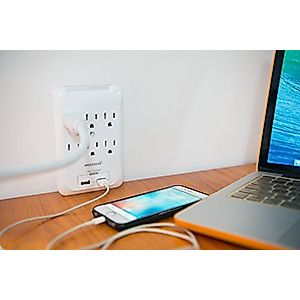 Multi-Function Wall Mount Outlet Adapter, Surge Protector Charging Station, OviiTech Dual 2.1AMP USB Charging Ports,6 AC Socket Outlet Splitter Plugs,White,ETL Certified