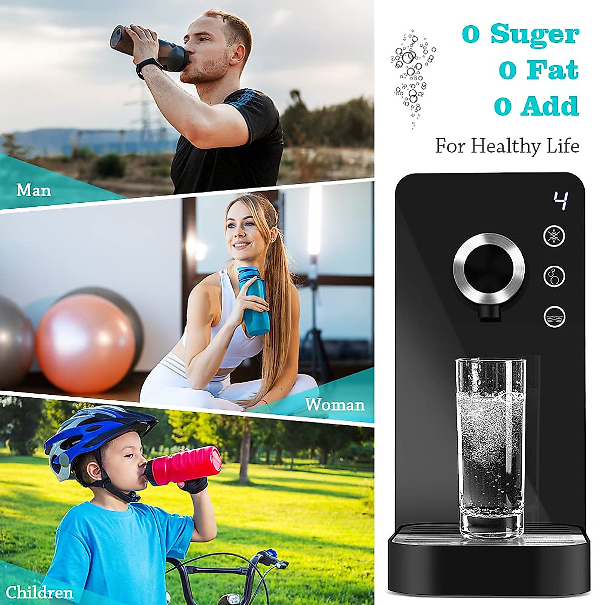 Sparkling Water Maker, Commercial Soda Maker Fizzy Drink Machine Carbonator for Home, Countertop Ice Water Cooler Dispenser and Room Black