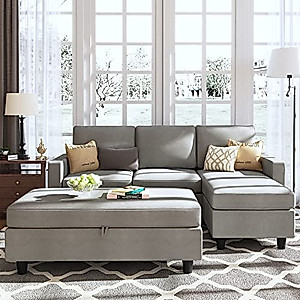 HONBAY Grey Sectional Couch with Ottoman, Convertible L Shaped Sectional Sofa Set Sectionals with Left or Right Facing Chaise for Living Room