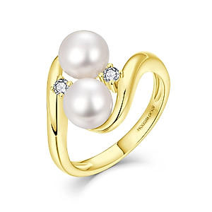 JO WISDOM Pearl Ring,925 Sterling Silver Cubic Zirconia Gold Women's Rings with Two Pearls 7mm White Freshwater Cultured Pearl Ring size 9