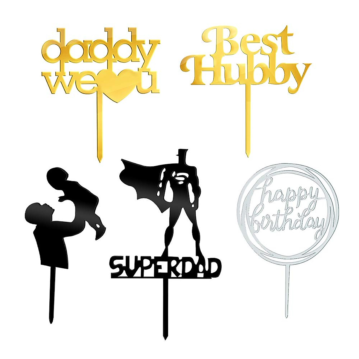 Super Dad Happy Birthday Cake Topper For Men Best Dad Birthday Decorations Happy 40th 50th 60th 70th Birthday Cake Topper Cup Cake Toppers For Men Husband Happy Father's Day Cake Toppers Pack Of 5 PCS