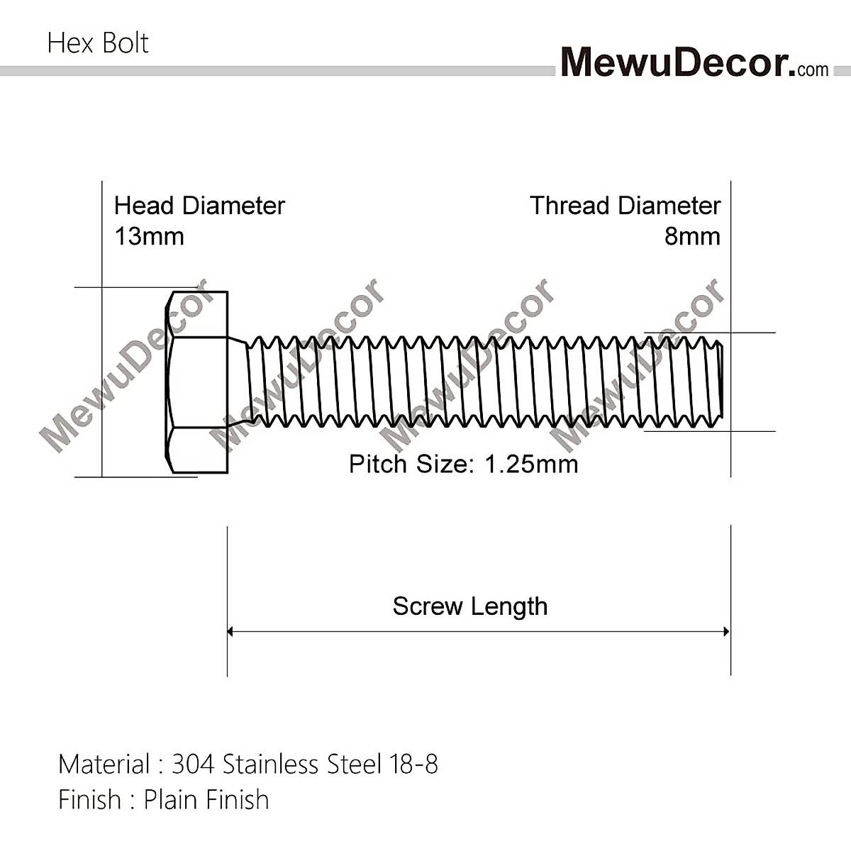 M8-1.25 x 25mm Hex Head Bolts Hexagon Screws, 304 Stainless Steel 18-8, Plain Finish, Fully Threaded, 25 PCS