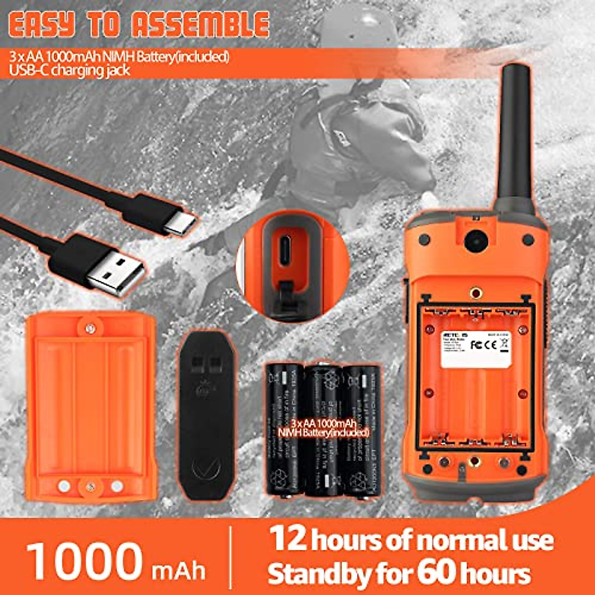 Retevis RT45P Waterproof Walkie Talkies IP67,Rechargeable Two Way Radio for Adults,22CH SOS NOAA,with 1000mAh Battery and USB-C Charger,Long Range 2 Way Radios for Skiing Fishing Boating (2 Pack)