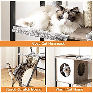 HOOBRO Wooden Cat Tree, Versatile Cat Tower with Scratching Post, Cat Hammock and Food Bowls, 4-Tier Pet House for Indoor Cats, Multi-Cat Families, Greige BG34MZ03