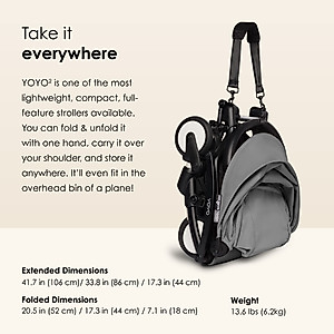 BABYZEN YOYO2 Stroller + YOYO Bag - Includes Black Frame, Grey Seat Cushion, Grey Canopy, Grey YOYO Bag, Wheel Base & Hooks - Suitable for Children Up to 48.5 Lbs