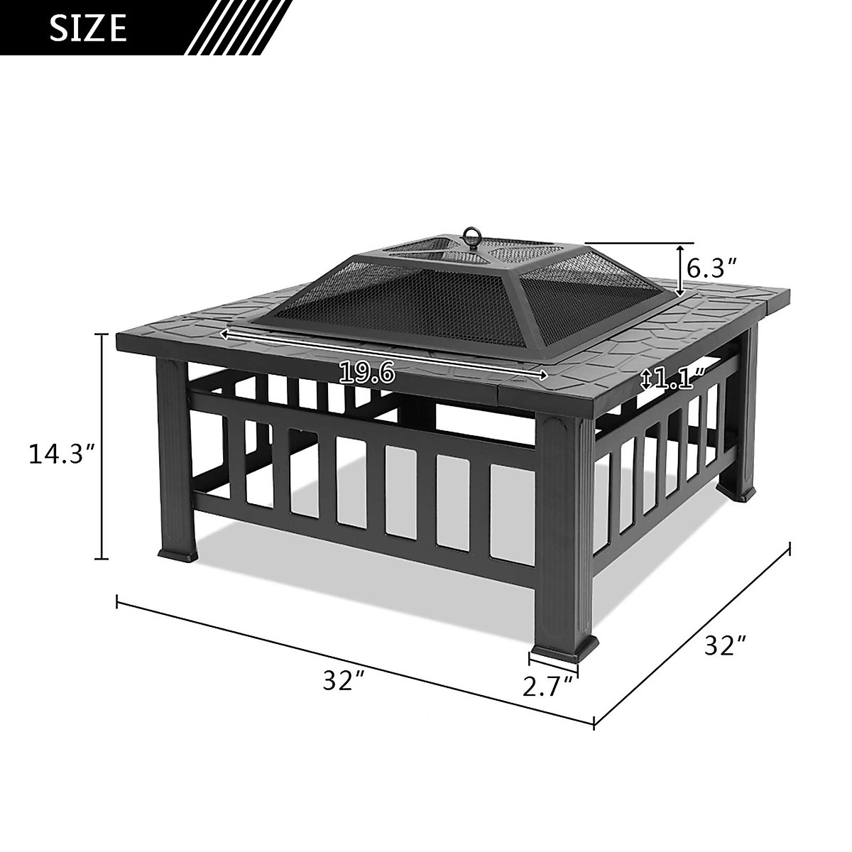 Multifunctional Fire Pit Table 32in Square Metal Firepit Stove Backyard Patio Garden Fireplace with Mesh Screen Lid, Poker,Instruction for Camping, Outdoor Heating, Bonfire and Picnic